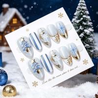 China Wholesale Blue Snowflake Christmas Holiday Press On Nails Almond White Gold Foil for sale