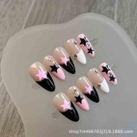China Bulk Handmade Fake Nails Almond Nude Base Black Pink Star French Nails for sale