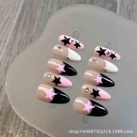 China Bulk Handmade Fake Nails Almond Nude Base Black Pink Star French Nails for sale