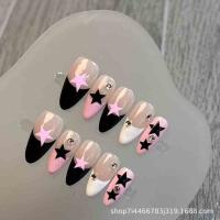China Bulk Handmade Fake Nails Almond Nude Base Black Pink Star French Nails for sale