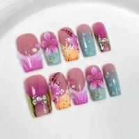 China Wholesale Medium Square Handmade Press On Nails Colorful Gradient 3D Floral for sale