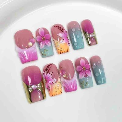 China Wholesale Medium Square Handmade Press On Nails Colorful Gradient 3D Floral for sale