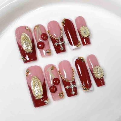 China Handmade Fake Nails Wholesale Medium Square Red Pink Virgin Mary Cross for sale