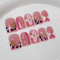 China Wholesale Medium Square Handmade Fake Nails Pink Leopard Print 3D Floral Decor for sale