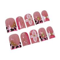 China Wholesale Medium Square Handmade Fake Nails Pink Leopard Print 3D Floral Decor for sale