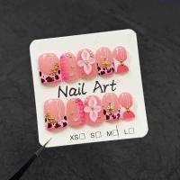 China Wholesale Medium Square Handmade Fake Nails Pink Leopard Print 3D Floral Decor for sale