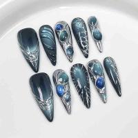 China Reusable Cyber Nail Art Handmade Fake Nails Long Stiletto Teal Silver Design for sale