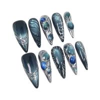 China Reusable Cyber Nail Art Handmade Fake Nails Long Stiletto Teal Silver Design for sale