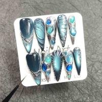 China Reusable Cyber Nail Art Handmade Fake Nails Long Stiletto Teal Silver Design for sale