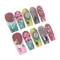China Reusable Summer Handmade Press On Nails Long Square Tropical Rainbow Flower Design for sale