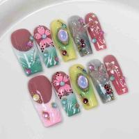 China Reusable Summer Handmade Press On Nails Long Square Tropical Rainbow Flower Design for sale