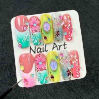 China Reusable Summer Handmade Press On Nails Long Square Tropical Rainbow Flower Design for sale