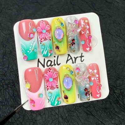 China Reusable Summer Handmade Press On Nails Long Square Tropical Rainbow Flower Design for sale