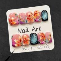 China Short Square Tropical Handmade Fake Nails Plumeria Gold Starfish Blue Cat Eye for sale