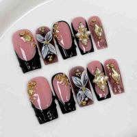 China Long Square Handmade Fake Nails 3D Butterfly Gold Shell Pearl Metal Nail Tips for sale