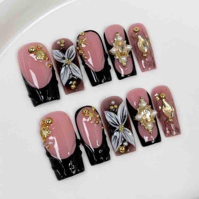 China Long Square Handmade Fake Nails 3D Butterfly Gold Shell Pearl Metal Nail Tips for sale