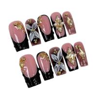 China Long Square Handmade Fake Nails 3D Butterfly Gold Shell Pearl Metal Nail Tips for sale