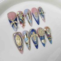 China Reusable Gothic Handmade Press On Nails Long Stiletto Pink Blue Marble Design for sale