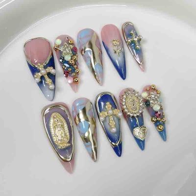 China Reusable Gothic Handmade Press On Nails Long Stiletto Pink Blue Marble Design for sale