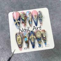 China Reusable Gothic Handmade Press On Nails Long Stiletto Pink Blue Marble Design for sale