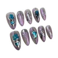 China Wholesale Almond Handmade Fake Nails Purple Cat Eye Silver Metal Abalone Shell Decor for sale