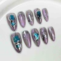 China Wholesale Almond Handmade Fake Nails Purple Cat Eye Silver Metal Abalone Shell Decor for sale