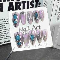 China Wholesale Almond Handmade Fake Nails Purple Cat Eye Silver Metal Abalone Shell Decor for sale