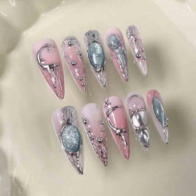 China Reusable Nail Art Handmade Press On Nails Long Stiletto Pink Silver Liquid Metal for sale