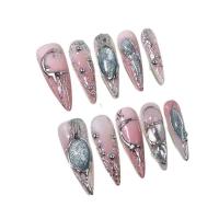 China Reusable Nail Art Handmade Press On Nails Long Stiletto Pink Silver Liquid Metal for sale