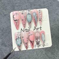 China Reusable Nail Art Handmade Press On Nails Long Stiletto Pink Silver Liquid Metal for sale