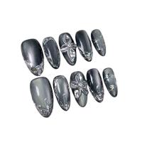 China Almond Black Handmade Fake Nails Gray Cat Eye Silver Metal 3D Flower Pearl for sale
