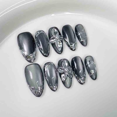 China Almond Black Handmade Fake Nails Gray Cat Eye Silver Metal 3D Flower Pearl for sale