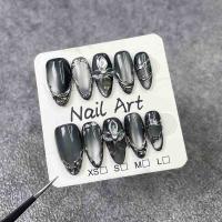 China Almond Black Handmade Fake Nails Gray Cat Eye Silver Metal 3D Flower Pearl for sale