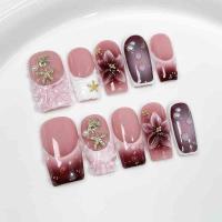 China Handmade Fake Nails Elegant Wine Red Gradient 3D Flower Starfish Shell Pearl Decor for sale