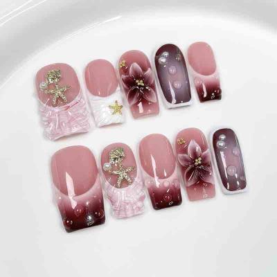 China Handmade Fake Nails Elegant Wine Red Gradient 3D Flower Starfish Shell Pearl Decor for sale