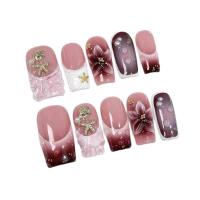 China Handmade Fake Nails Elegant Wine Red Gradient 3D Flower Starfish Shell Pearl Decor for sale