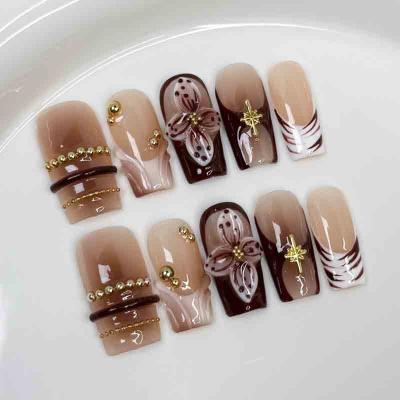 China Handmade Press On Nails Wholesale Long Square Coffee Gradient Flower Zebra Fake Nails for sale