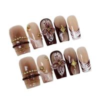 China Handmade Press On Nails Wholesale Long Square Coffee Gradient Flower Zebra Fake Nails for sale