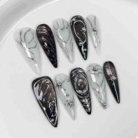 China Cat Eyes Handmade Fake Nails Long Stiletto Silver Line Heart Wing Metal for sale