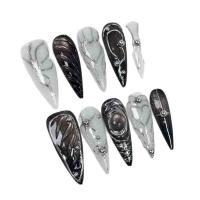 China Cat Eyes Handmade Fake Nails Long Stiletto Silver Line Heart Wing Metal for sale