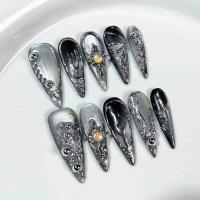 China Long Stiletto Reusable Cyber Handmade Fake Nails Black Silver Mirror Metal Opal Design for sale