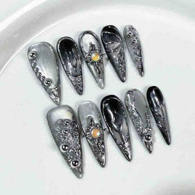 China Long Stiletto Reusable Cyber Handmade Fake Nails Black Silver Mirror Metal Opal Design for sale