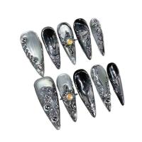 China Long Stiletto Reusable Cyber Handmade Fake Nails Black Silver Mirror Metal Opal Design for sale