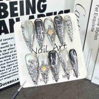 China Long Stiletto Reusable Cyber Handmade Fake Nails Black Silver Mirror Metal Opal Design for sale