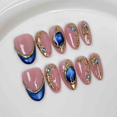 China Handmade Press On Nails Wholesale Almond Cat Eyes Gold Rhinestone Fake Nails for sale