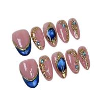 China Handmade Press On Nails Wholesale Almond Cat Eyes Gold Rhinestone Fake Nails for sale