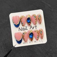 China Handmade Press On Nails Wholesale Almond Cat Eyes Gold Rhinestone Fake Nails for sale