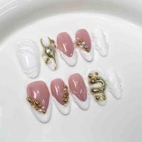 China Handmade Press On Nails Nude French Tip 3D Mermaid Tail Pearl Gold Charm Almond for sale