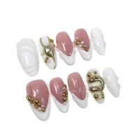 China Handmade Press On Nails Nude French Tip 3D Mermaid Tail Pearl Gold Charm Almond for sale