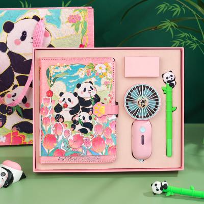 China Kawaii Panda Notebook Gift Box Journal Set With Notebook Pen Handheld Fan Thermos for sale
